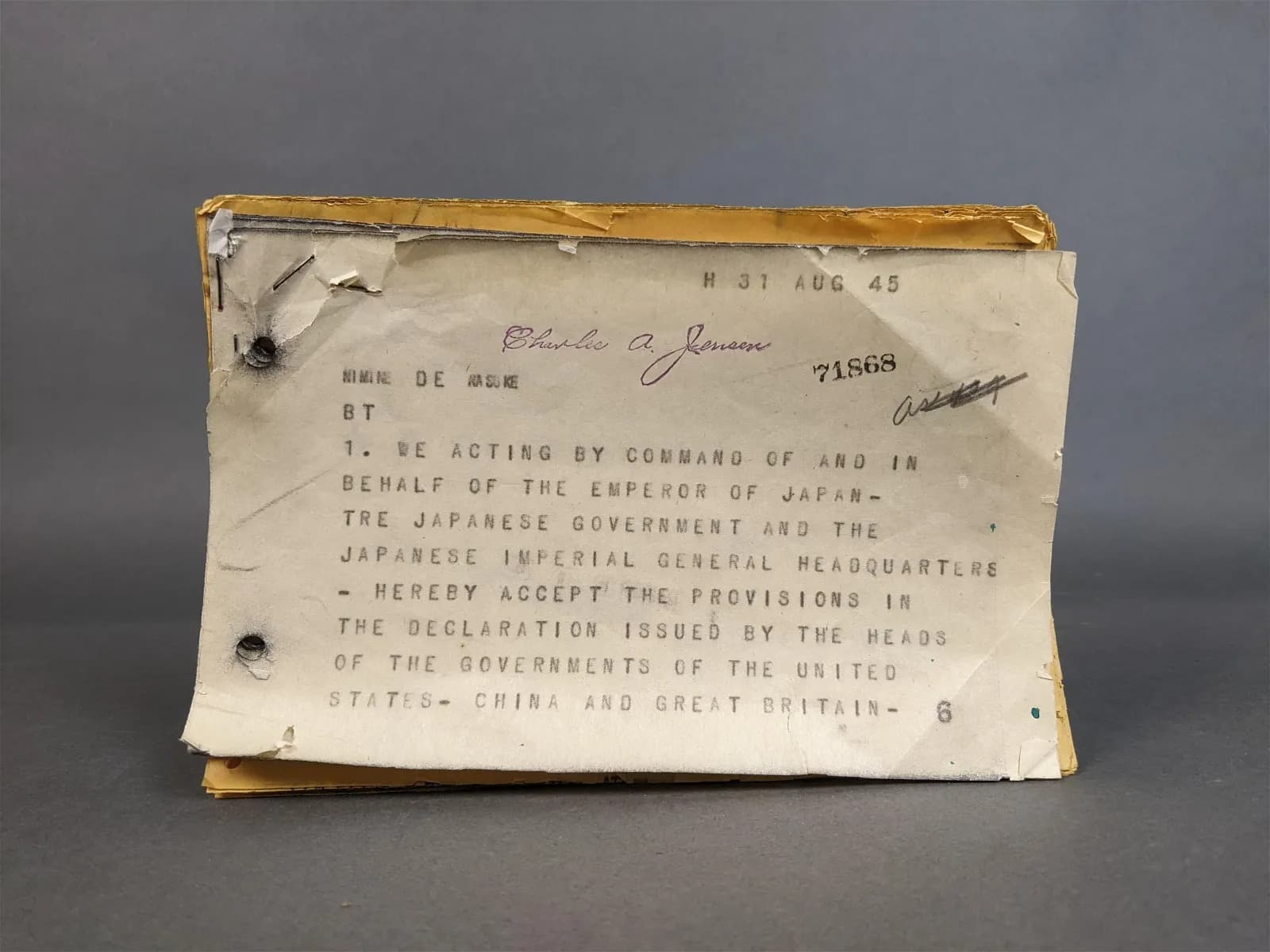 1945 draft of Japanese ‘Instrument of Surrender’ comprising WWII ...